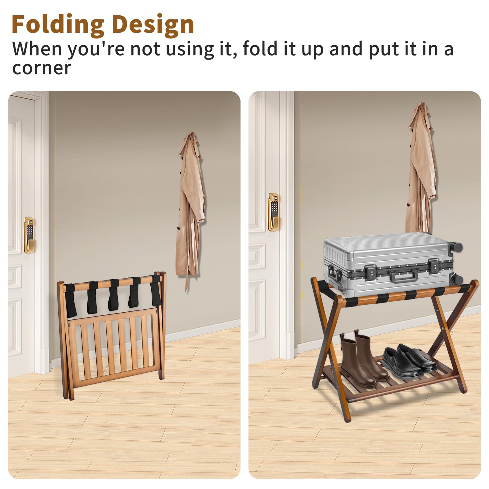 GUANBOM Luggage Rack,Folding Suitcase Stand with Storage Shelf,Luggage Stand for Guest Room Bedroom and Hotel (Brown)