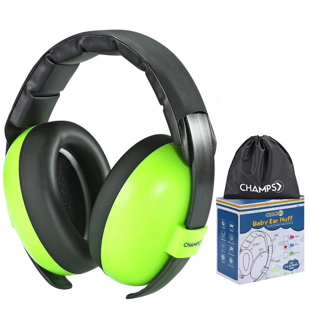 CHAMPS Baby Ear Muffs, Baby Earmuff Noise Protection Reduction Headphones for 0-3 Years Babies, Toddler, Infant, Safety Hearing Ear Muff Shooting Range Hunting Season [Green]
