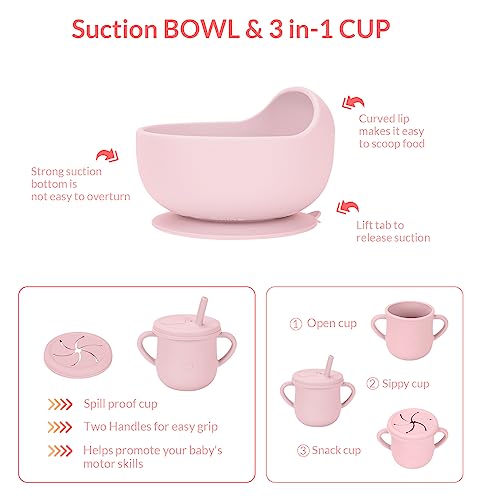 Silicone Baby Feeding Set - REIKTLUD Baby Led Weaning Supplies - Silicone Suction Bowls Divided Plates, Sippy and Snack Cup - Toddler Self Feeding Eating Utensils Set with Bib, Spoons, Fork (Pink)