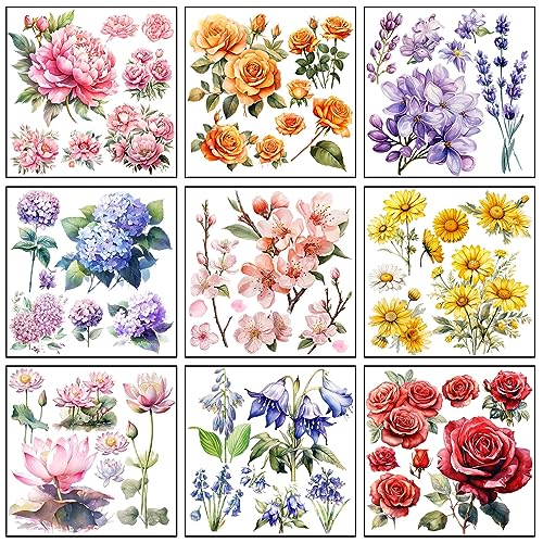 Heflashor 9 Sheets Flower Rub on Transfers,5.9 x5.9 Inch Flower Rub on Transfer Stickers for Crafts and Furniture, Classic Vintage Floral Decals for Furniture Home Office Paper Wood DIY Crafts