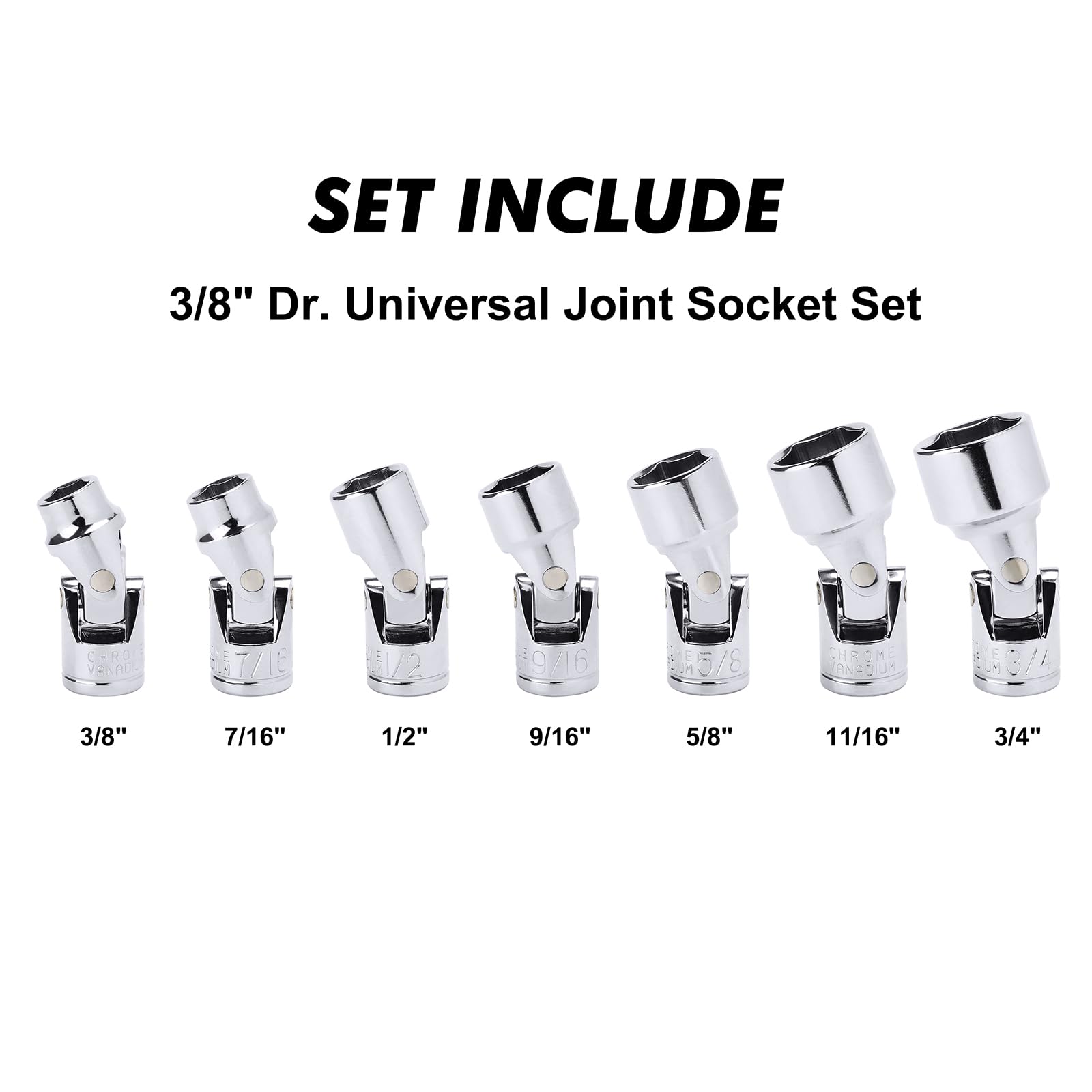CASOMAN 3/8" Drive Universal Joint Socket Set, 7 Piece Flex Socket Set, 6-Point, Cr-V, SAE,3/8" to 3/4", CR-V, 360 Degree Rotation