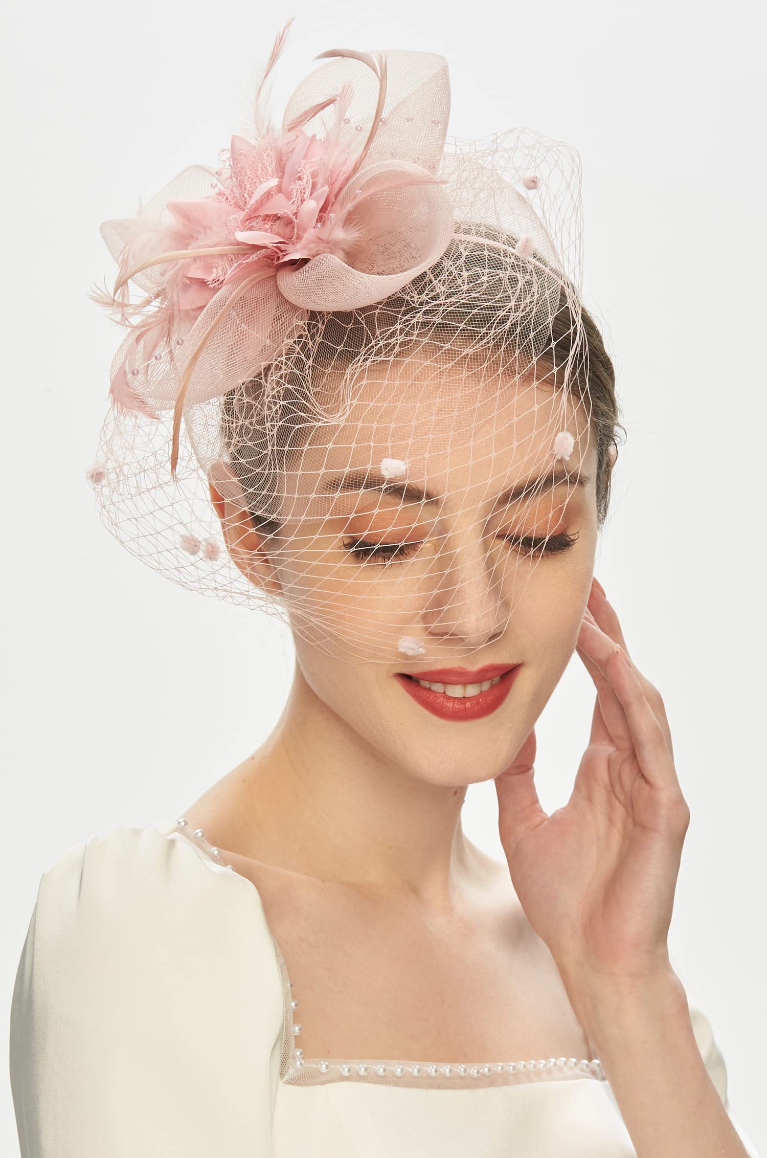 Cizoe Fascinator Hats for Women Tea Party Headband Kentucky Derby Wedding Flower Mesh Veil Fascinator (A-blush pink)