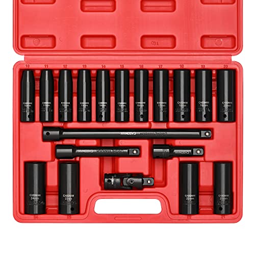 CASOMAN Complete 1/2-Inch Drive Deep Impact Socket Set, Metric, CR-V,10-24mm, 6 Point, 19-Piece Sockets Set with Extension Bar and Universal Joints