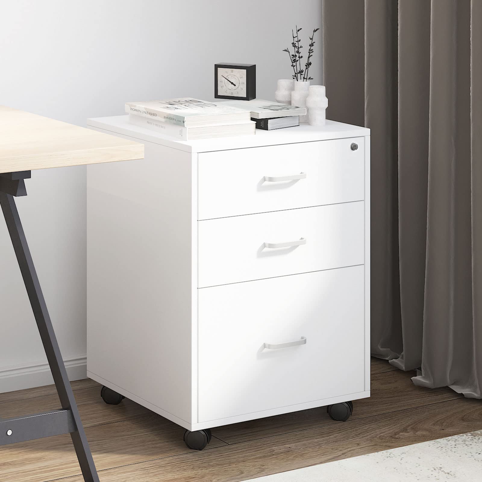 DlandHome Cabinet with Wheels 3 Drawer File, Mobile Rolling Filing Cabinet Filing Cabinet (OneSize, White)