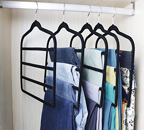 KIKILIE 5 Pack Velvet Pant Hangers Space Saving Non Slip Black Velvet Hangers, Multi Layer Velvet Hangers Clothes Hangers Closet Organizer for Pants Jeans Trousers Scarf Tie Towel