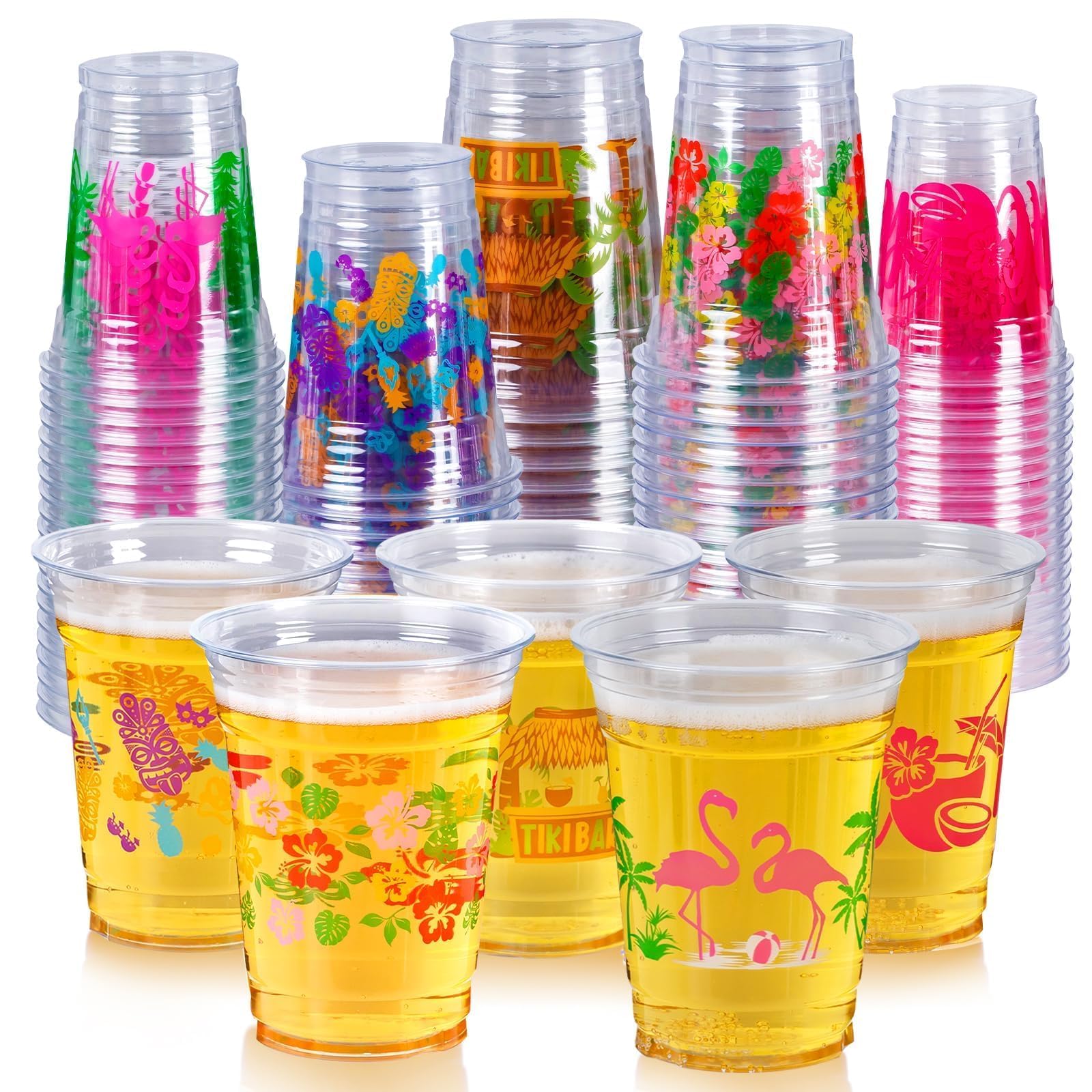 GuassLee 50 Luau Cups for Hawaiian Luau Party Decorations, 12 OZ Tiki Tropical Plastic Disposable Cups for Pool Flamingo Tiki Birthday Party Decor Supplies