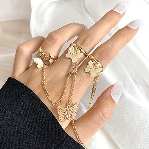 CJIAYUJEW Gold Punk Vintage Chain Finger Rings Set for Women Men,Gold Butterfly Chain Ring, Novelty Gothic Cross Open Adjustable Rings Stackable Gold Knuckle Rings (Gold)