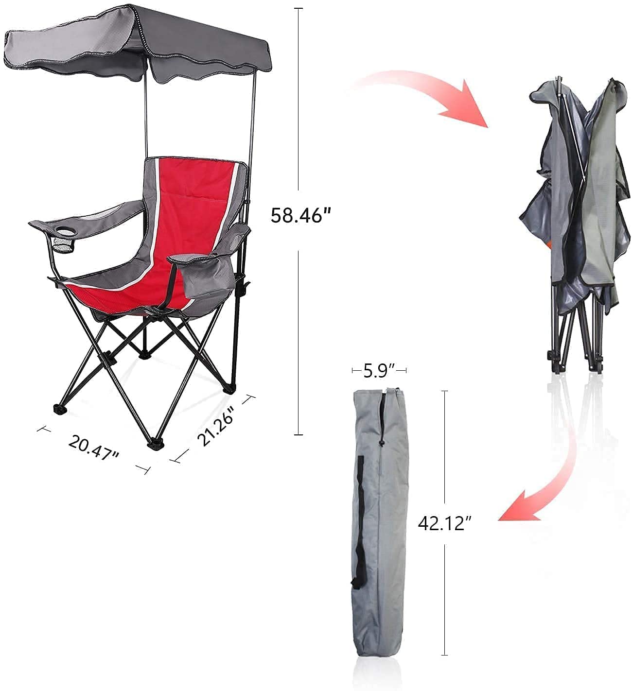 CAMP SOLUTIONS Camp Chair with Shade Canopy， Folding Camping Chairs for Adults， Portable Chair Recliner Support with Carrying Bag