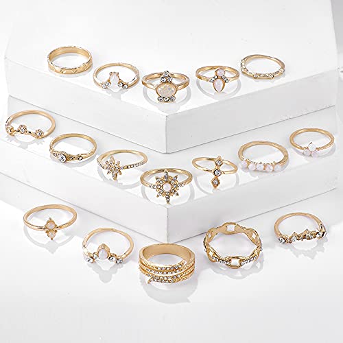 CJIAYUJEW Gold Stackable Rings Sets,Bohemian Peak Sea Wave Compass Turquoise Knuckle Rings Set for Women Men (C-17PCS)