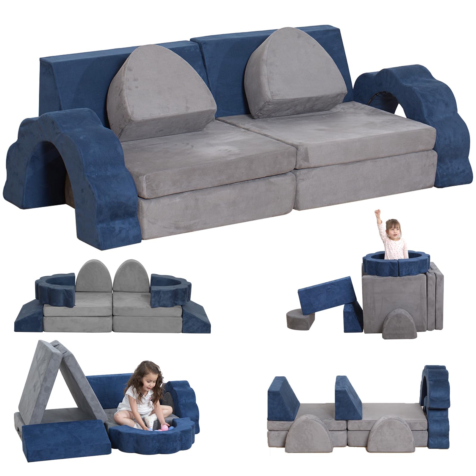 GudoInsole Flower Play Couch Sofa for Kids Sectional Sofa 10PCS Playroom Imaginative Furniture for Creative Kids Girls and Boys Bedroom (Blue)