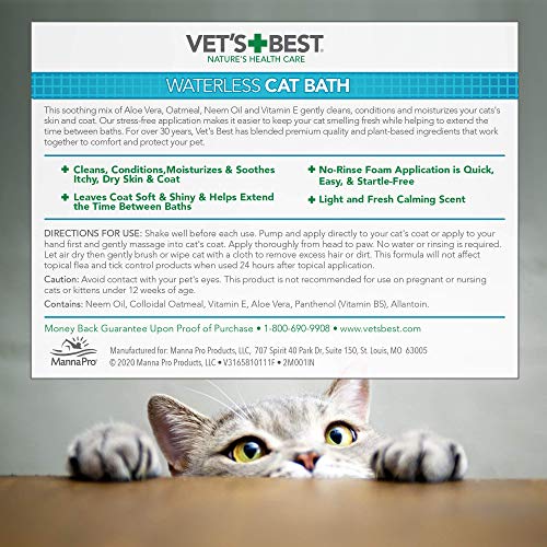 Vet's Best Waterless Cat Bath | No Rinse Waterless Dry Shampoo for Cats | Veterinarian Formulated | 4 Ounces