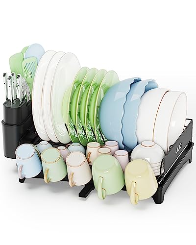 ULG Dish Drying Rack with Drainboard, Countertop Dish Rack, Rustproof Dish Drainer for Kitchen Counter, Draining Rack with Detachable Utensil Holder, Adjustable Swivel Spout Dish Strainers, Black