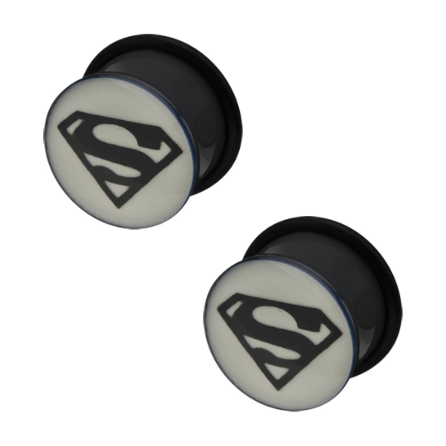 DC Comics Unisex Superman Logo Glow In The Dark Single Flared Acrylic Body Piercing Plug, Silver/Black, One Size.