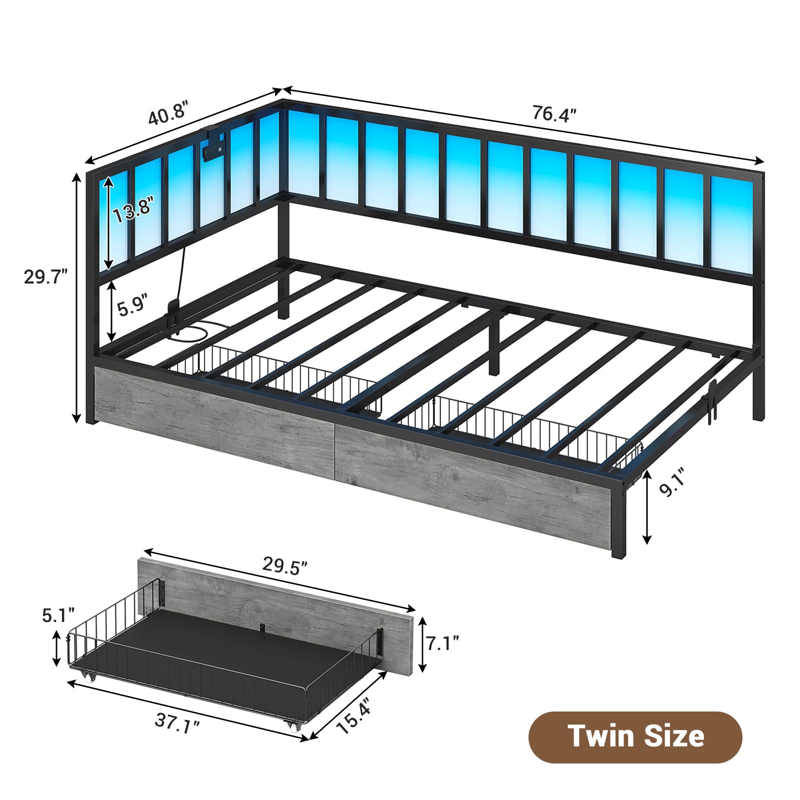 Hasuit Corner Bed Frame Twin Size with LED Light and Charging Station, Modern Twin Bed with 2 Underbed Storage Drawers, Modern Daybed No Box Spring Needed/Noise-Free, Black&Gray
