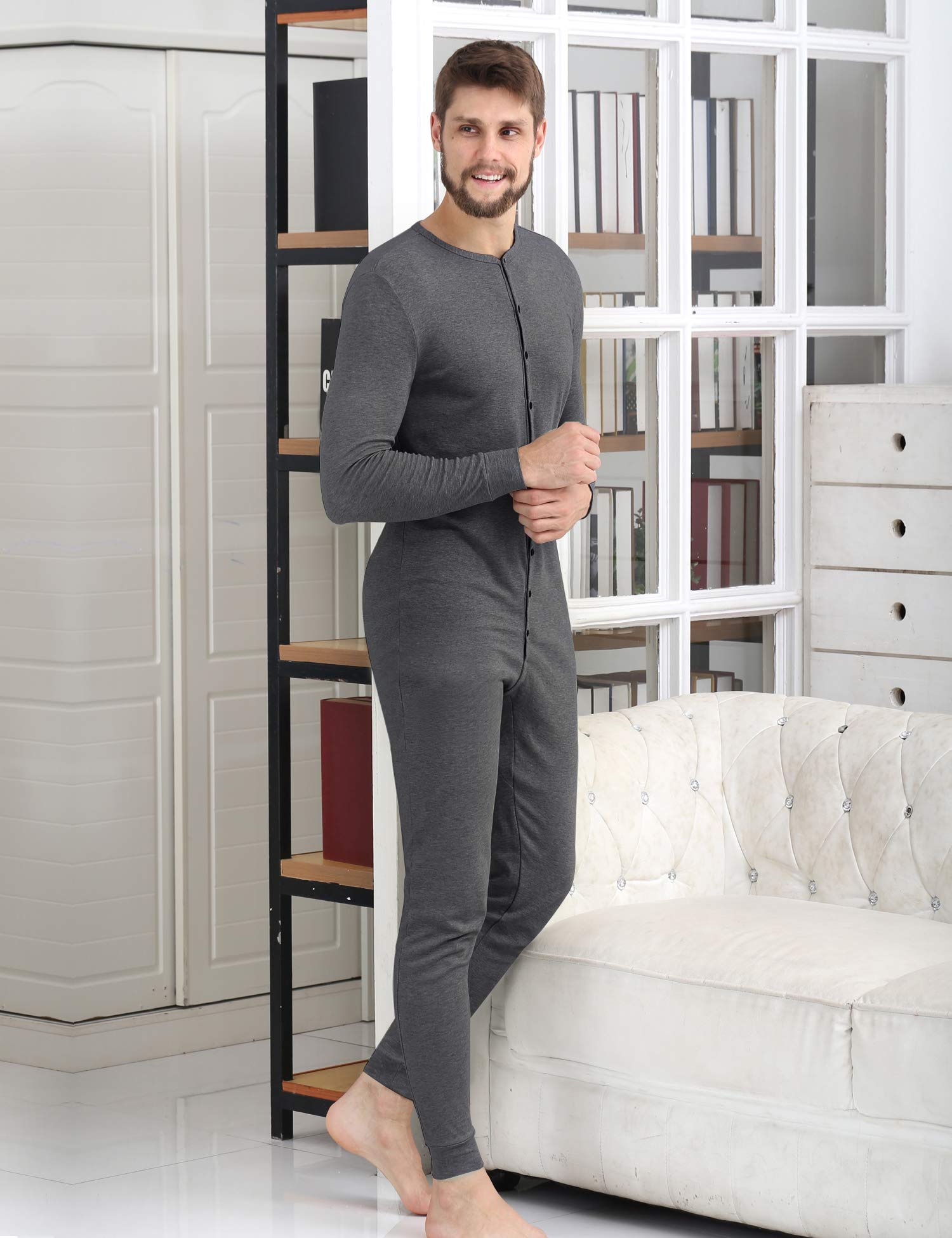 COLORFULLEAF Men's Cotton Thermal Underwear Henley Union Suits Onesies Base Layer (Dark Grey, M)