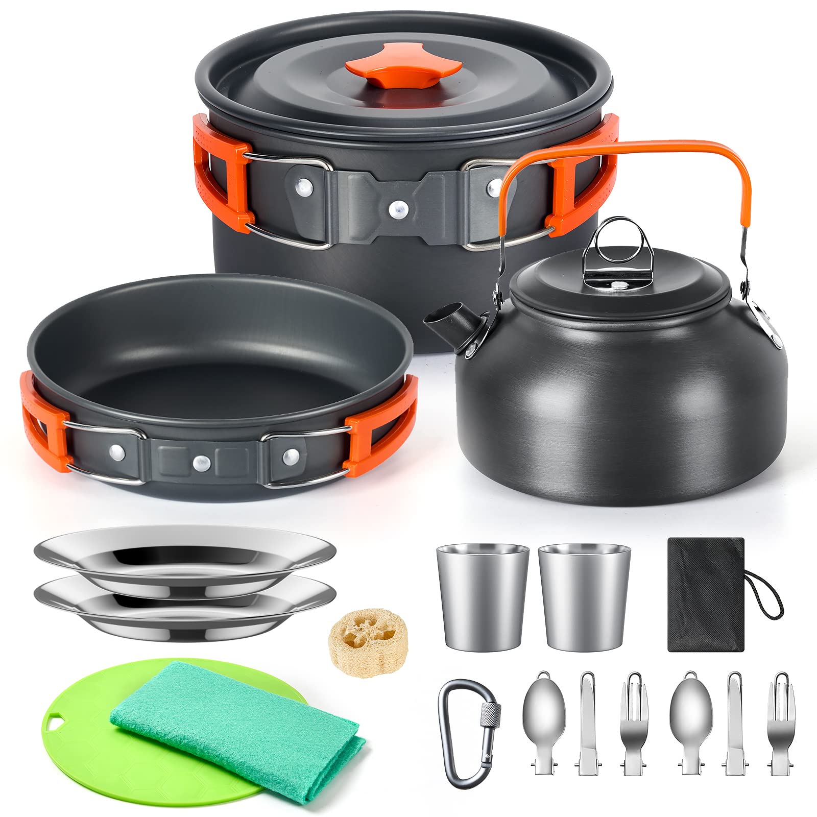 Camping Cooking Set,16PCS Camping Utensils Cooking Set, Camping Mess Kit with Camping Pots and Pans Set, Stainless Steel Cups Plates Forks Knives Spoons Camping Essentials for Tenting