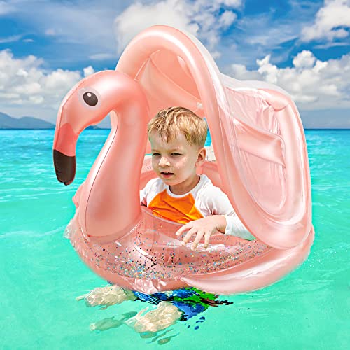 Ekoropshop Baby Pool Float with Canopy Inflatable Flamingo Swimming Pool Float Swimming Ring with Safety Seat for Kid 4-48 Months