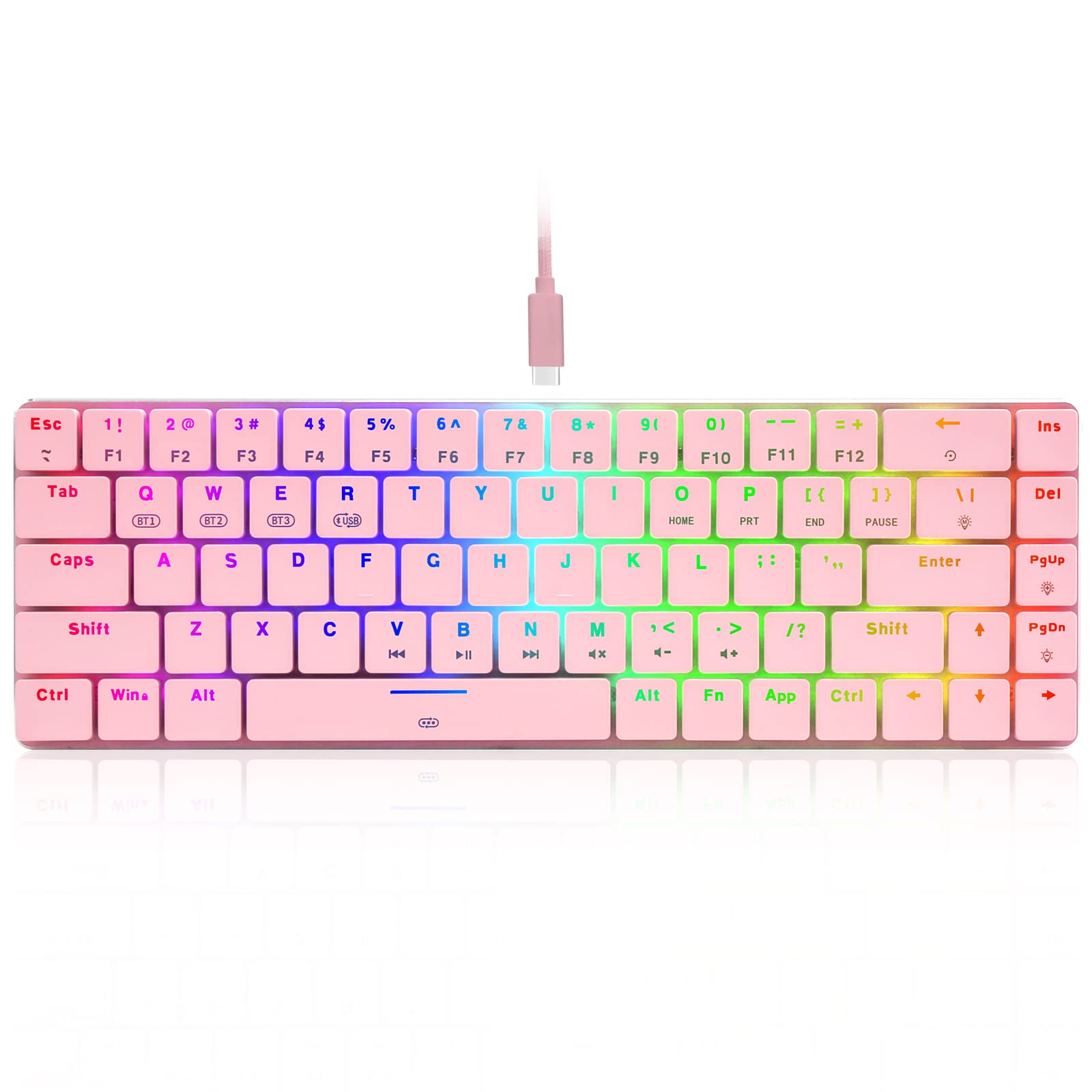 chuangquan CQ009 Mechanical Wireless/Wired Gaming Keyboard Bluetooth 5.0 RGB Backlit Brown Switch Compact 69 Keys Compatible with PC, Laptop and Smartphone (Pink)