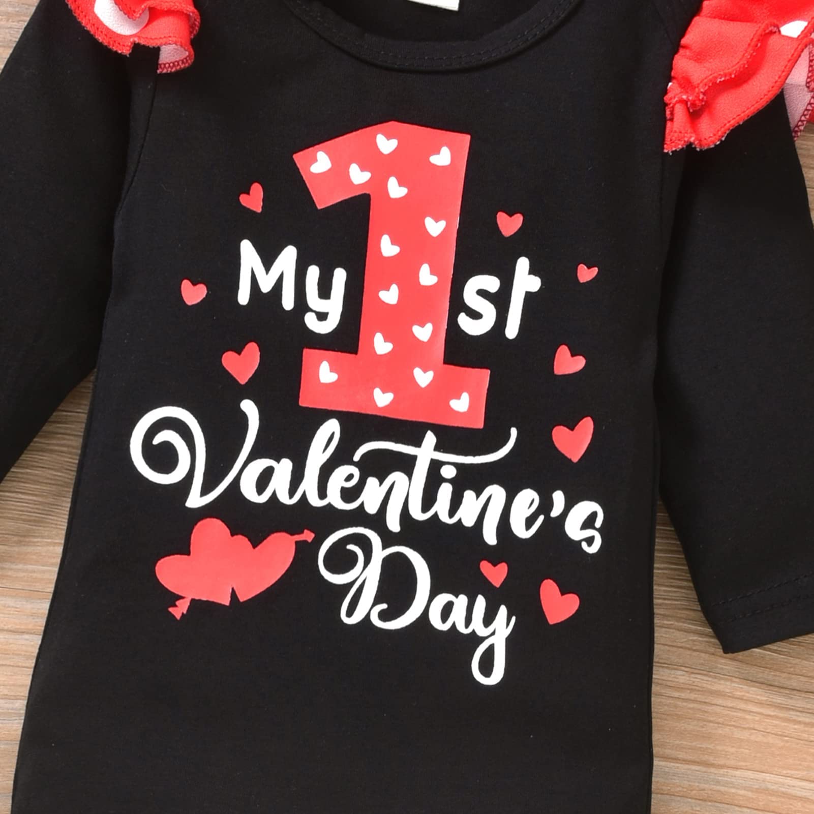 HINTINA Infant Baby Girl My First Valentine's Day Outfits Ruffles Long Sleeve Romper Heart Pants Headband Clothes Set(Black, 3-6M