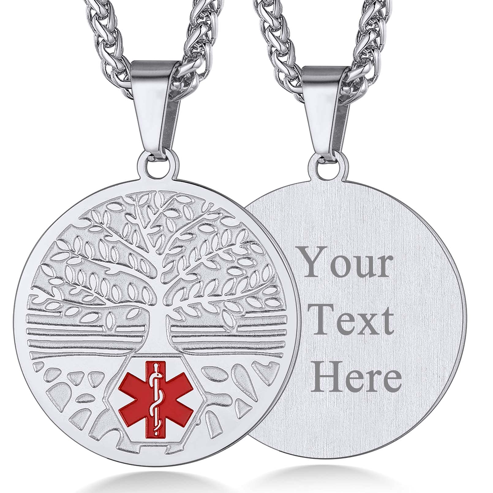 Custom4U Medical Alert Necklace for Women Men Personalized Stainless steel Medical ID Tag Pendant with Free Engraving
