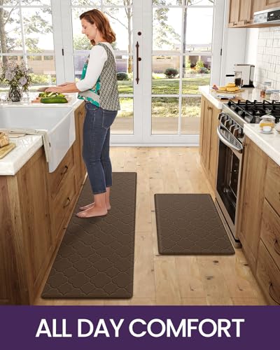 DEXI Kitchen Rugs Anti Fatigue Mats for Floor Cushioned Runner Rug Non Skid Comfort Foam Standing Mat for Office, Sink, 2 Pieces Set 17"x29"+17"x59", Brown