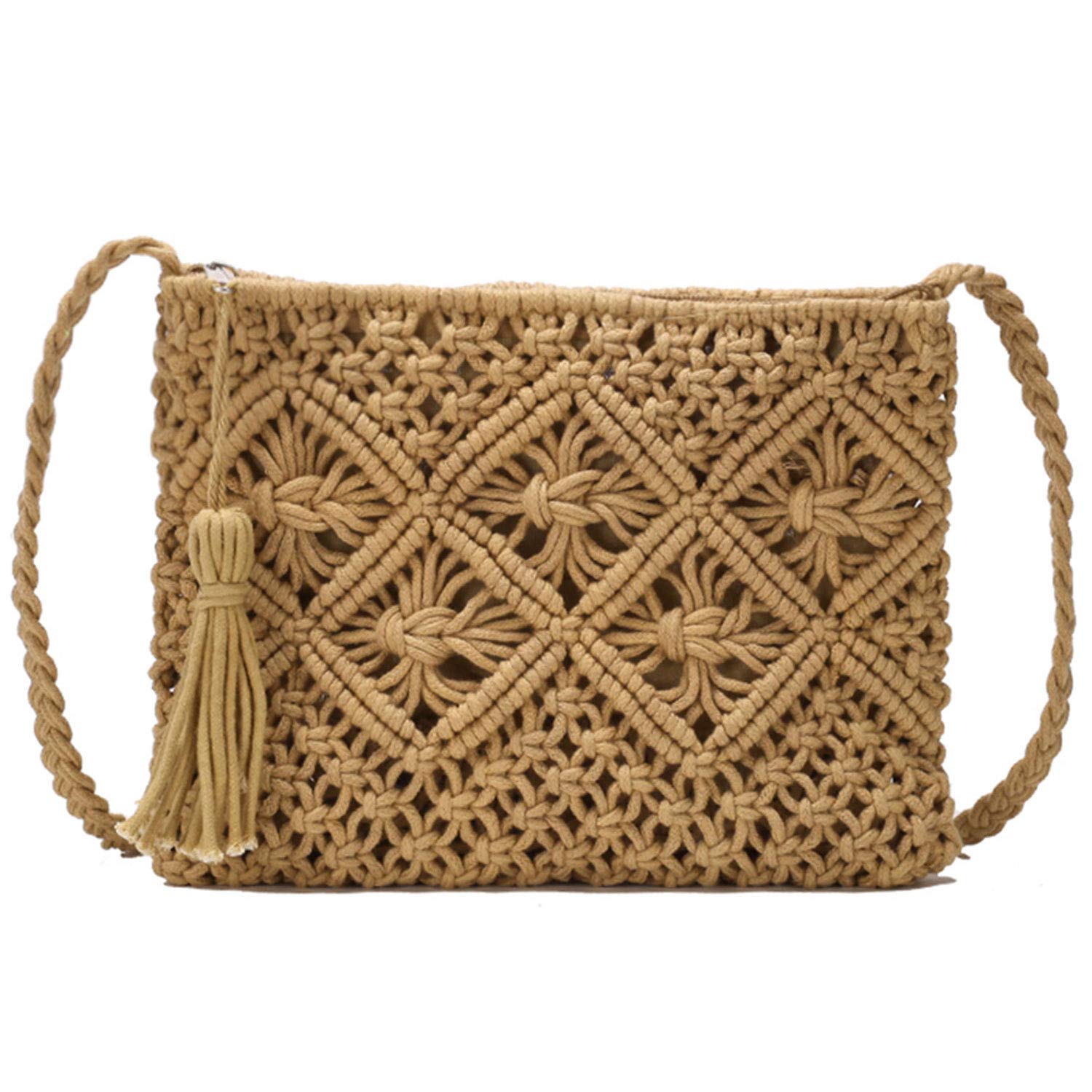 WOG2008 Women Summer Straw Crossbody Bags Woven Chain Fringed Small Square Purses Stylish Tassel Beach Handbag