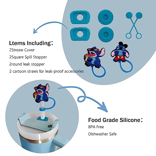 Silicone Spill Proof Stopper Set of 6+ 2 cartoon straw caps,Compatible with Stanley 1.0/30&40 Oz Tumbler with Handle,Silicone Straw Topper for Stanley Cups Accessories (Blue)