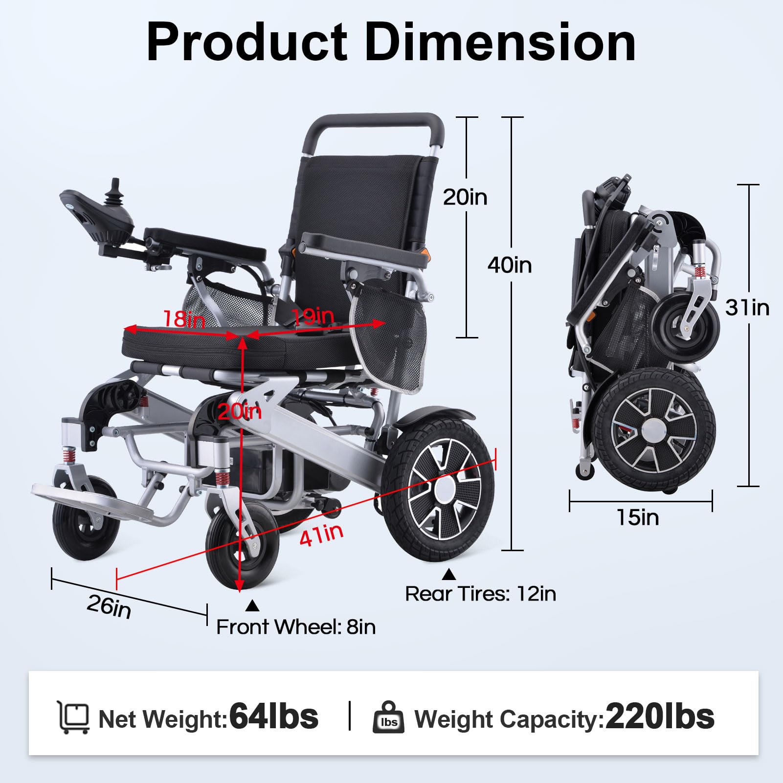 Electric Wheelchair 2024 New Update Folding Power Mobility Wheelchair Weight 64 lbs with 12" Solid Rear Tires More Stable