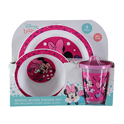 Minnie Mouse Dinner Set Box with Plate, Bowl, and Spill-Free Training Cup For Kids - Cute and Fun Disney Baby BPA Free Plastic Dinnerware Set Featuring Minnie Mouse for Boys and Girls - 3 Pieces Set
