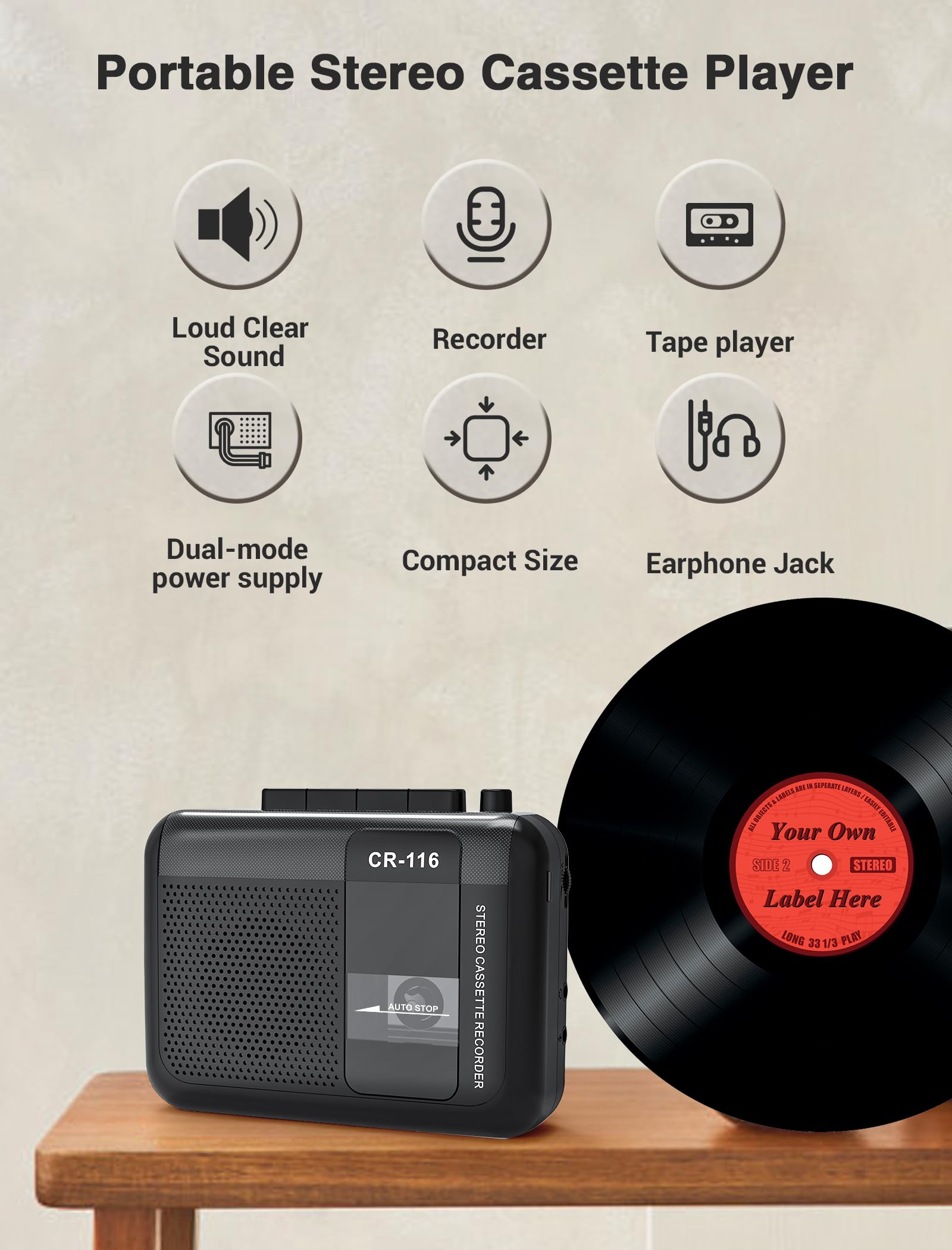 Cassette Player-Walkman Tape Recorder with Built-in Mic External Clear Speakers and Earphone Jack