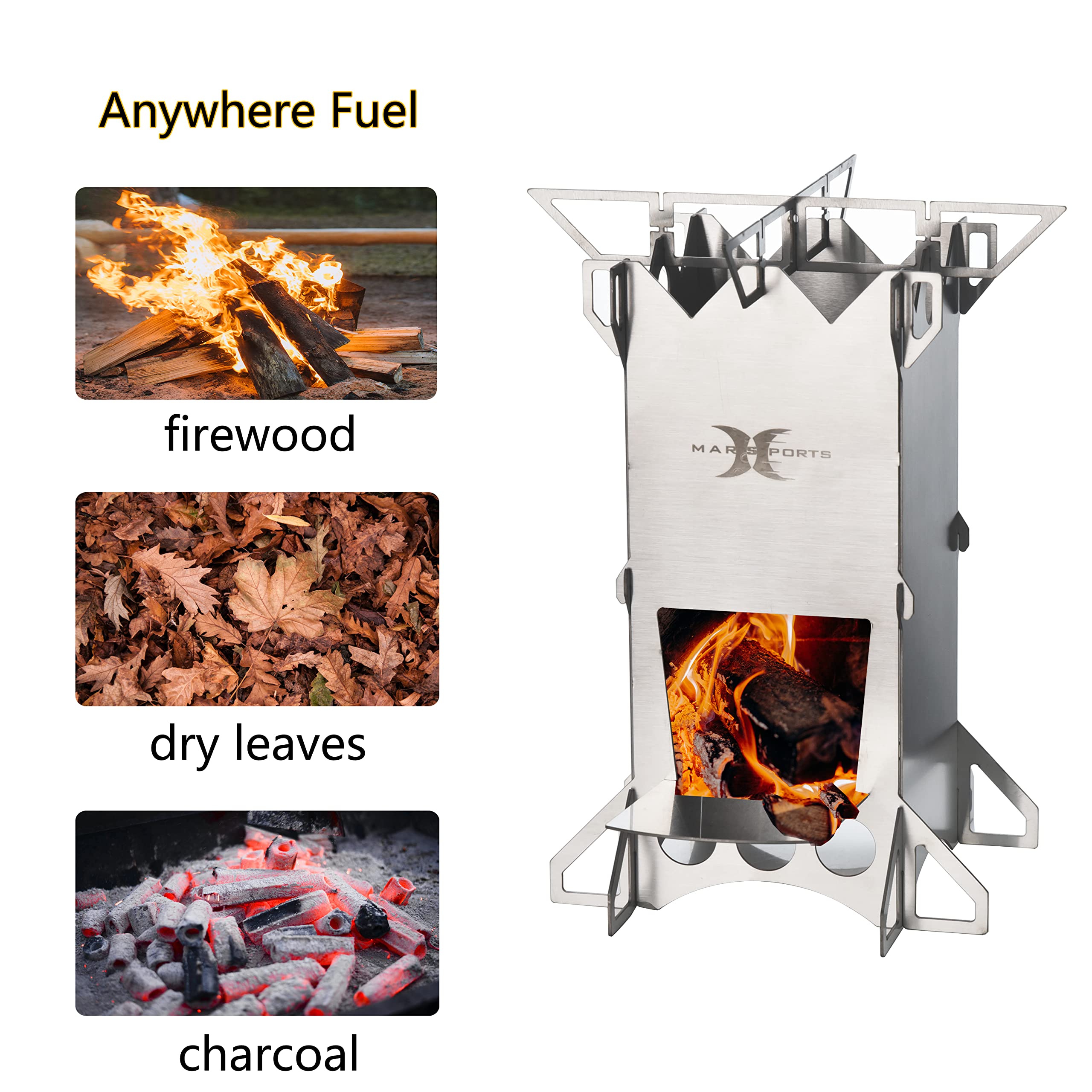 Camping Stove Wood Burning Rocket Portable Backpacking Stainless Steel Light Folding Stove for Outdoor Hiking Camping Tent Heating Picnic BBQ