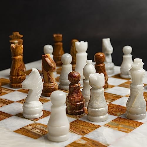 UMAID Handmade Marble Chess Set Board Game with Luxury Velvet Gift Box, 14β White & Brown Elegant Onyx Marble Chess Board, Unique Chess Sets for Adults and Modern Marble Home Decor