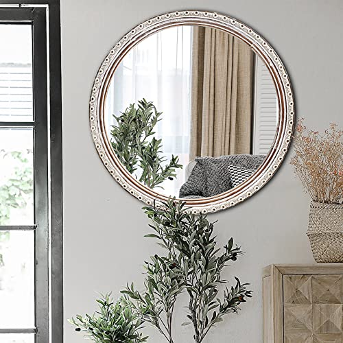 HCODCIBA Round Mirror 24 Inches, Farmhouse Wood Circle Mirror,Wall Mirror Decorative for Entryway,Bedroom, Living Room,Rustic Wooden Hanging Mirror