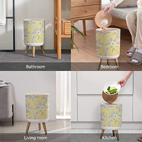 Small Trash Can with Lid Rose hips with flowers and berries seamless Graphic drawing engraving Wood Legs Press Cover Garbage Bin Round Waste Bin Wastebasket for Kitchen Bathroom Office 7L/1.8 Gallon