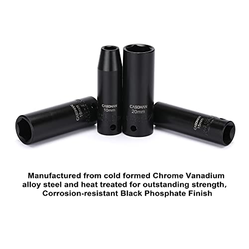 CASOMAN Complete 1/2-Inch Drive Deep Impact Socket Set, Metric, CR-V,10-24mm, 6 Point, 19-Piece Sockets Set with Extension Bar and Universal Joints