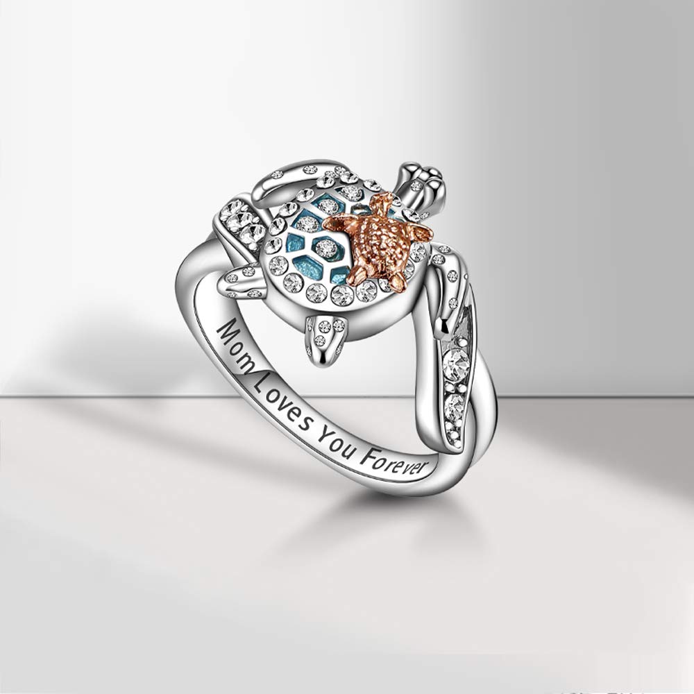Daughter Mothers Ring with CZ Personalized Sea turtle Platinum Plating Rings for Mom Gift (JQWL) (Size:9)