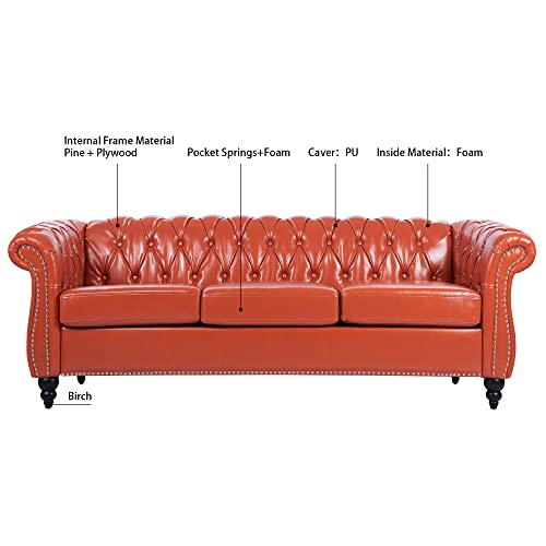 GEEVIVO 84.65" Large Sofa, Mid-Century PU Leather Sofa Modern Tufted Upholstered Futon Sofa Couch with Removable Cushion 3 Seater Scroll Arm Sleeper Sofa for Living Room/Bedroom/Apartment(Orange)