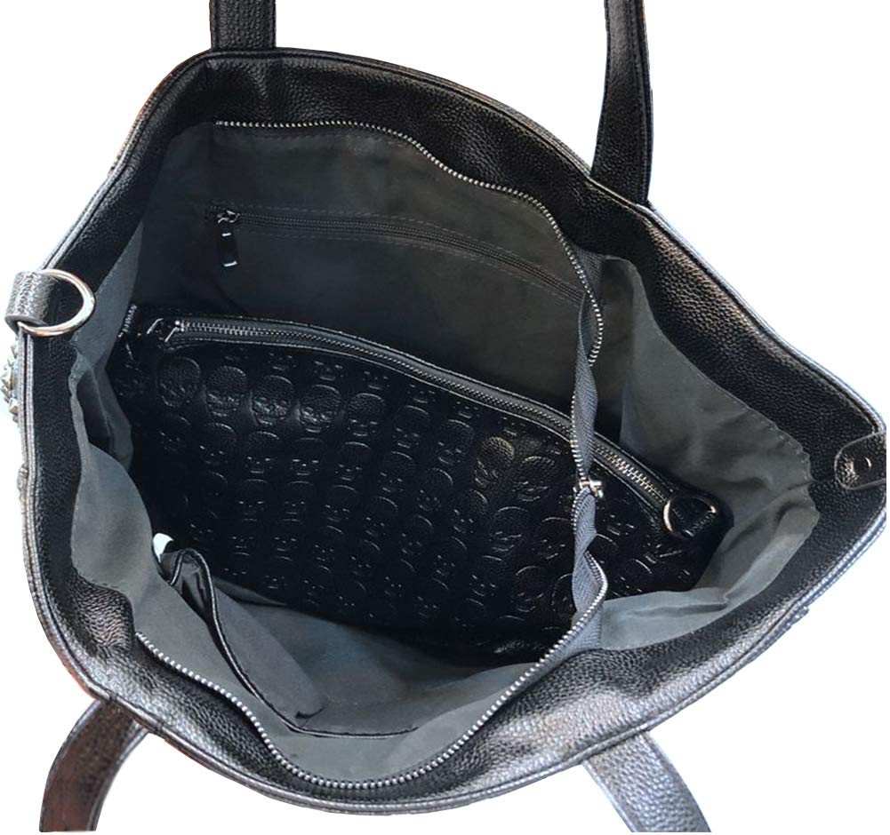 Womens Skull Print Hobo Tote Leather Shoulder Bag Punk Handbag and purses 2 sets (Big-Black-2-piece set)
