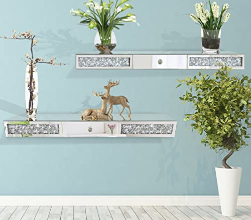 Mirrored Furniture Wall Shelf with Drawer, Crystal Diamond Floating Showcase, Silver Mirror Crushed Diamond Decorative Dressing Table, Gorgeous Bling TV Set, Wall Art Décor,31.5" L×7.9" W×3.1" H