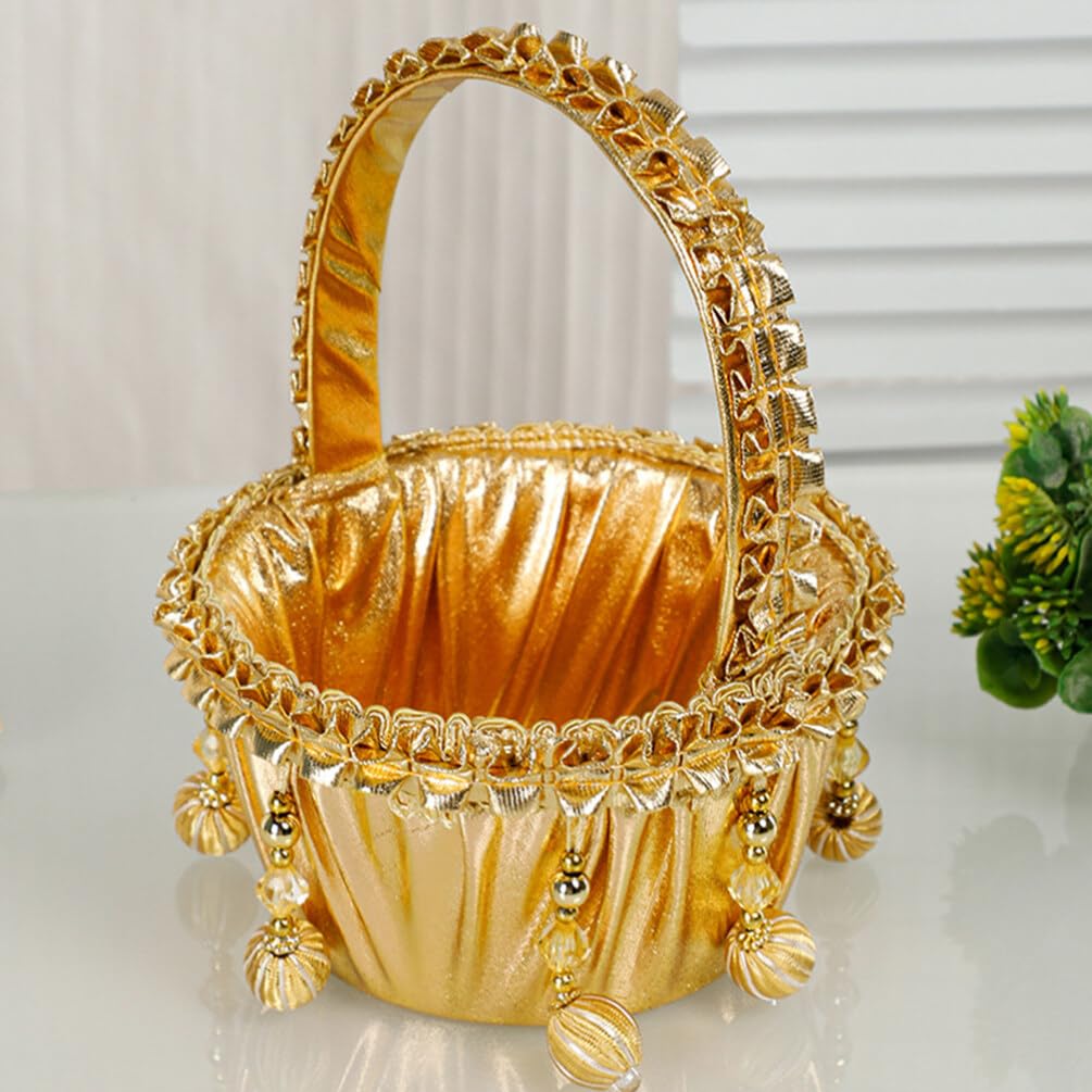 Golden Flower Girl Baskets for Wedding Flower Girl Basket Handle Baskets with Beaded Tassel Bridal Rose Petals Basket Rustic Picnic Storage Basket for Easter