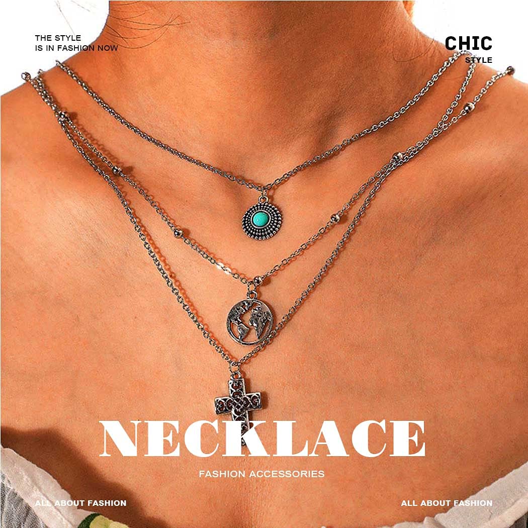 Ckecharfa Layered Turquoise Necklace Silver Cross Necklaces Adjustable Chain Jewelry for Women(A-Silver)