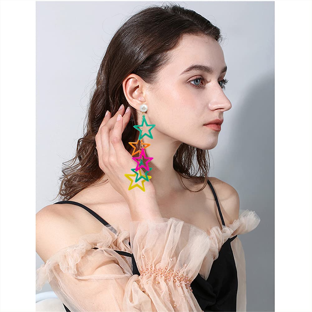 CHUNYANAN Boho Charm Hollow Colorful Acrylic Five-pointed Star Exaggerated Dangle Drop Earrings Color Five Stars With Pearl Drop Earrings Sparkly Chic Jewelry Gift (Colorful Acrylic Five-pointed Star)