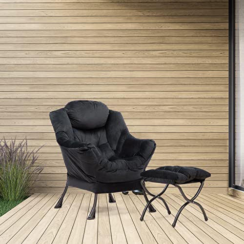 HollyHOME Modern Fabric Large Lazy Chair, Accent Comfy Upholstered Lounge Chair, Thick Padded Back Reading Chair with Armrest, Single Leisure Sofa Chair for Bedroom, Living Room, Dorm, Black