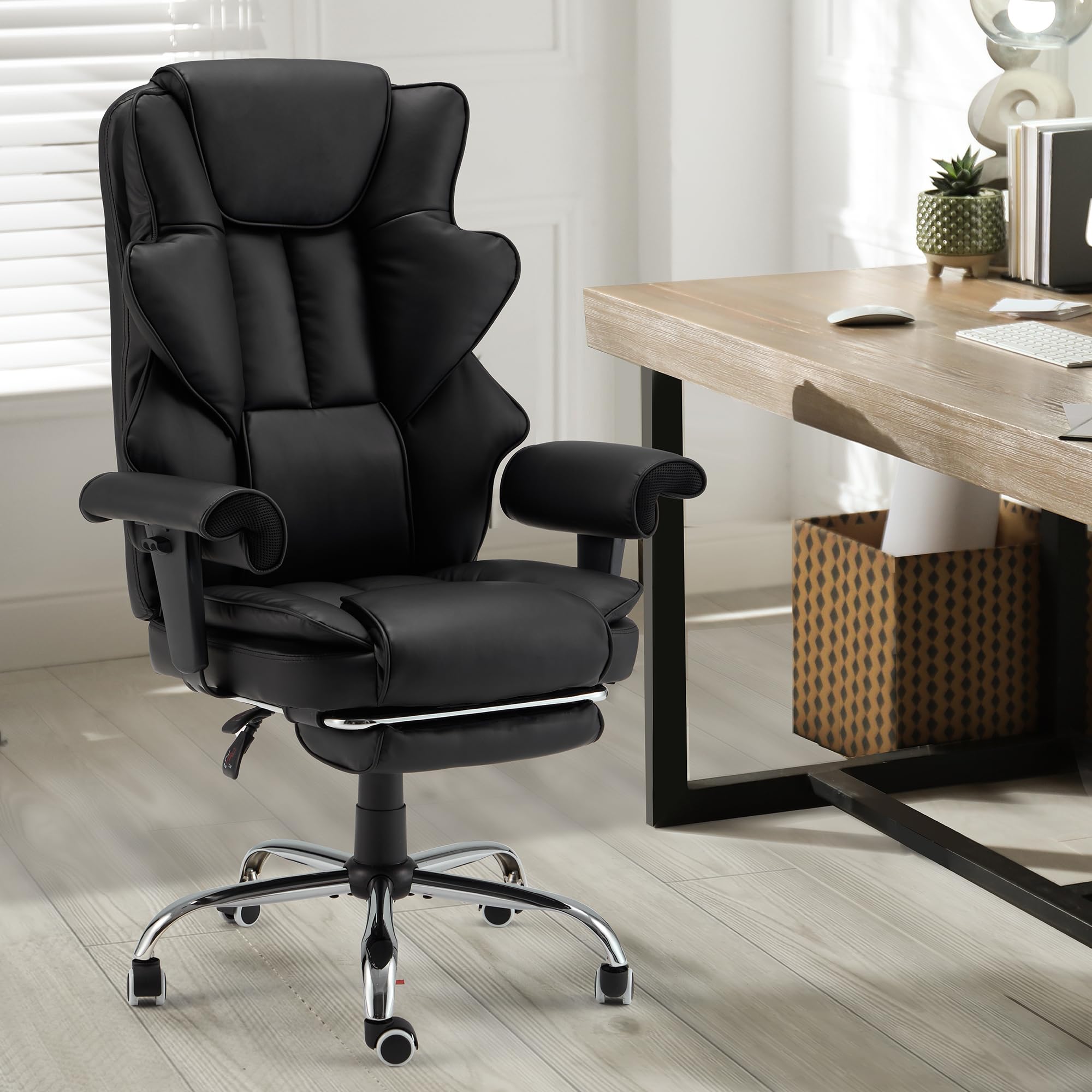 HOMREST 6-Point Massage Office Chair,Heating Executive Chair,Ergonomic Home Office Desk Chair with Retractable Footrest and Reclining Function,Leather Computer Chair with Adjustable Armrest(Off White)