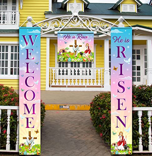 He is Risen Porch Sign-Religious Easter Supplies,3pcs Jesus Resurrection Easter Door Sign Banners,Happy Easter Front Door Welcome Hanging Banner for Spring Easter Decoration