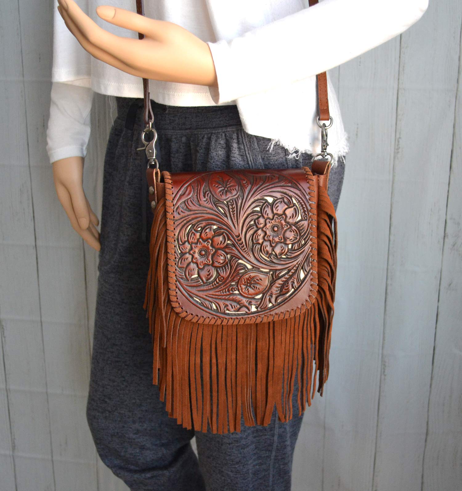 womens cross body bag western cowgirl floral tooled shopper purse brown