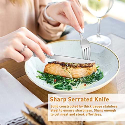 Herogo Stainless Steel Hammered Square Silverware Set for 4, 20-Piece Fancy Flatware Cutlery Set, Metal Tableware Eating Utensils Set for Home Restaurant Wedding, Dishwasher Safe