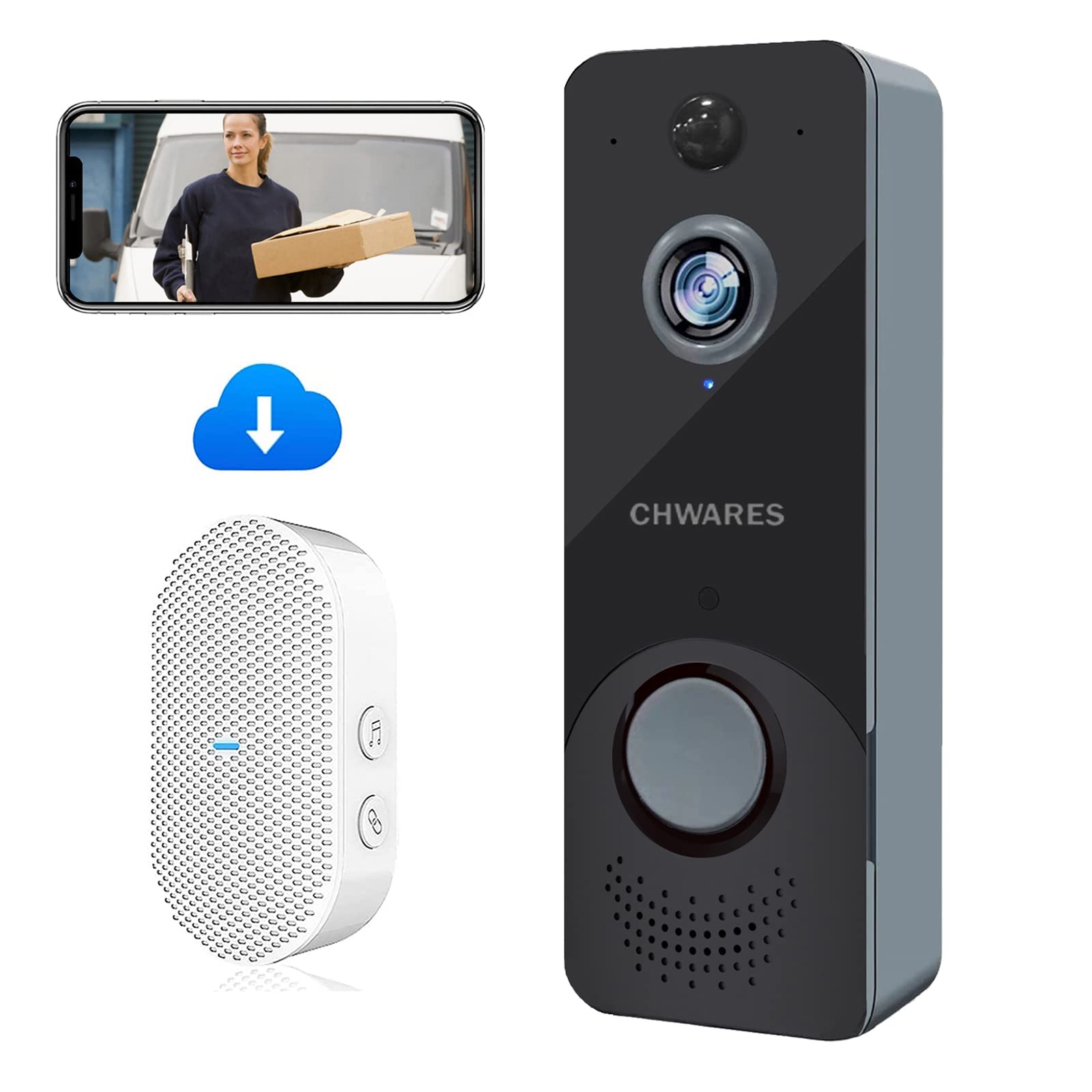 CHWARES 2022 New Wireless Video Doorbell Camera with Chime, 1080P HD Smart Door Bell Motion Detector, 2-Way Audio, Night Vision, Battery Powered, Free Cloud Storage