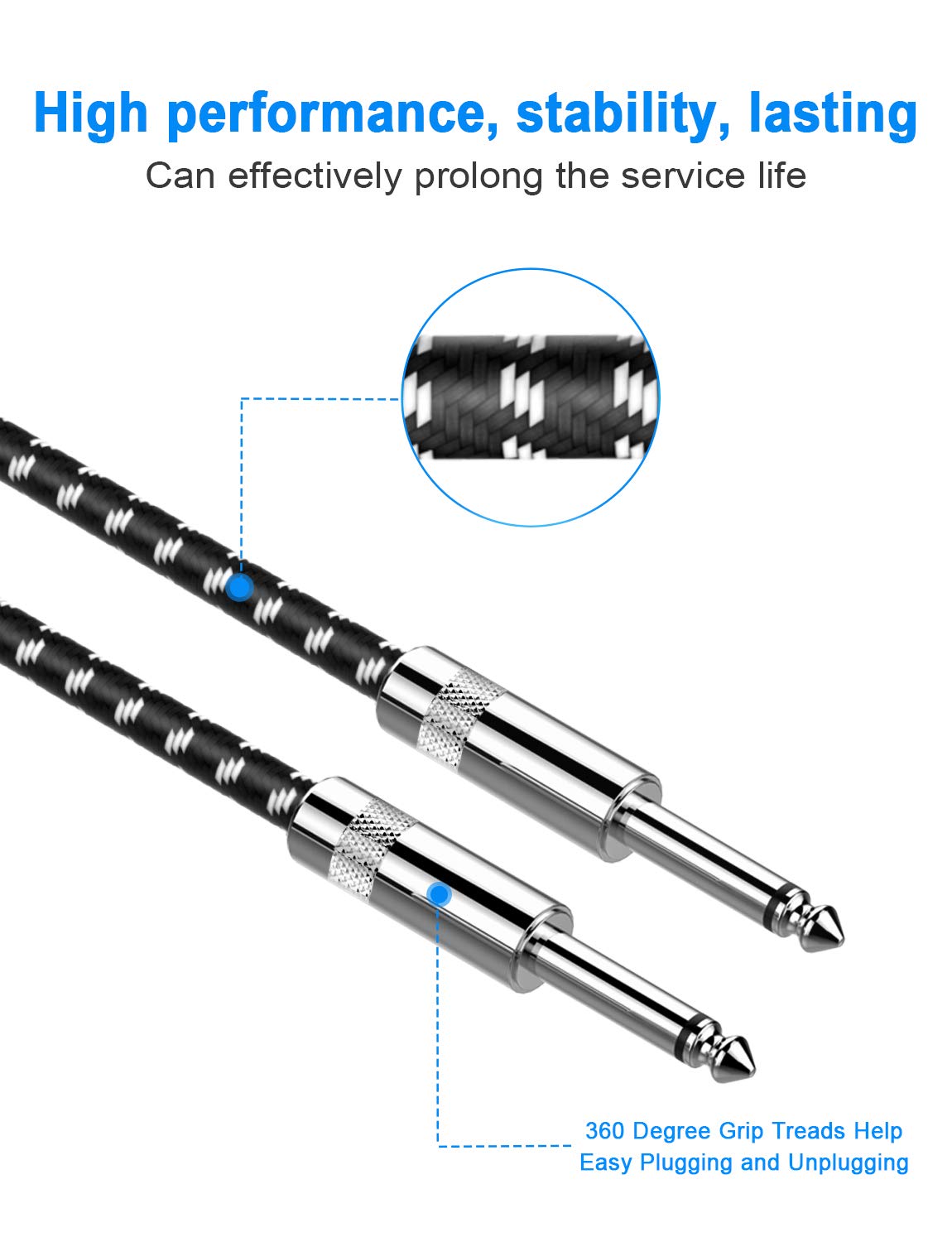 RIYO Guitar Cable 10 Feet Electric Instrument Cable 1/4 inch Straight to Straight for Electric Guitar, Bass Guitar, Keyboard, Pro Audio(Black-White)