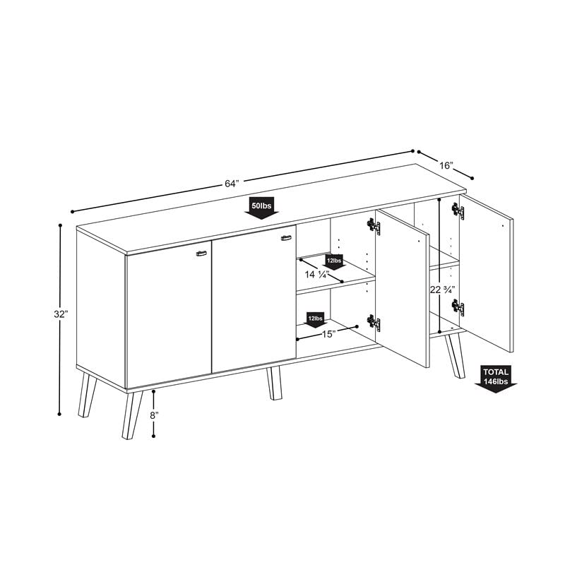 Prepac Milo Mid-Century 4 Door Buffet, 16" D x 64" W x 32" H, Drifted Gray